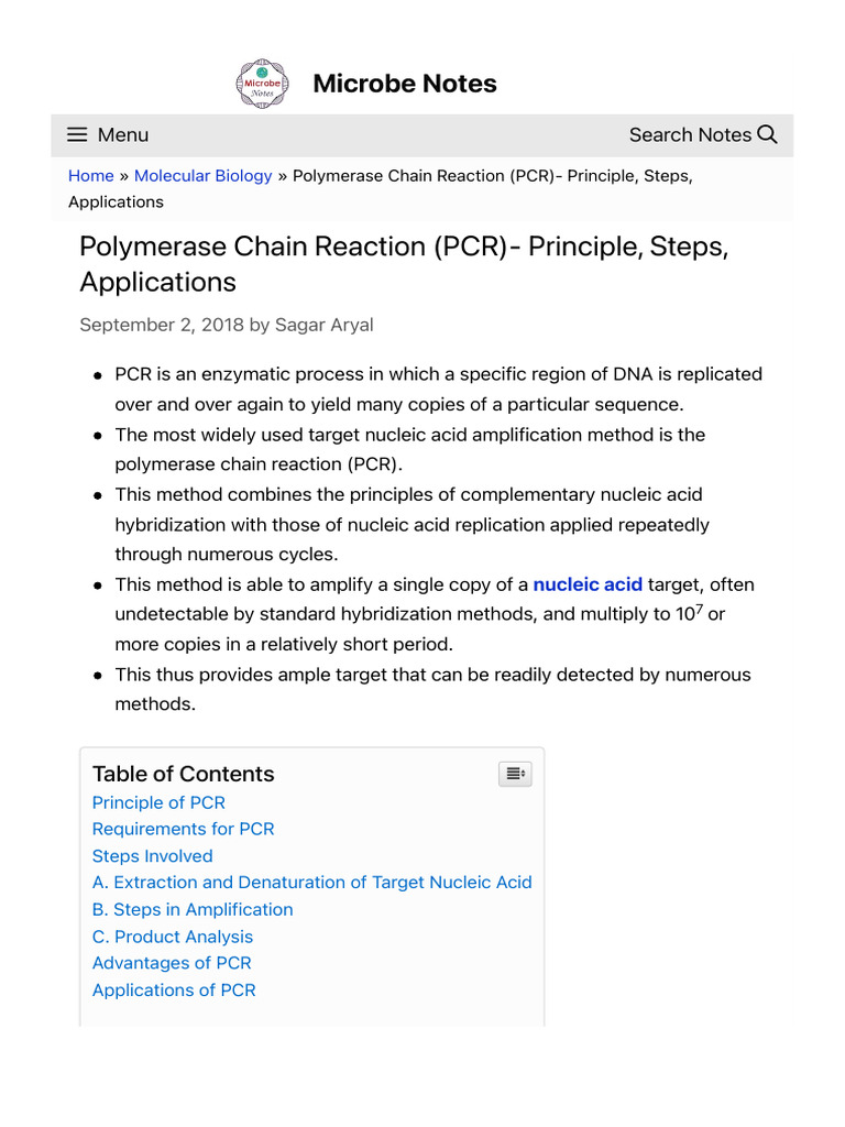 Polymerase Chain Reaction (PCR) - Principle, Steps, Applications | PDF | Polymerase Chain ...