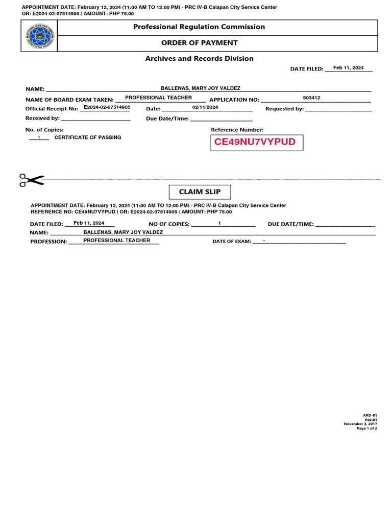 Ce49Nu7Vypud: Professional Regulation Commission Order of Payment Archives and Records Division ...