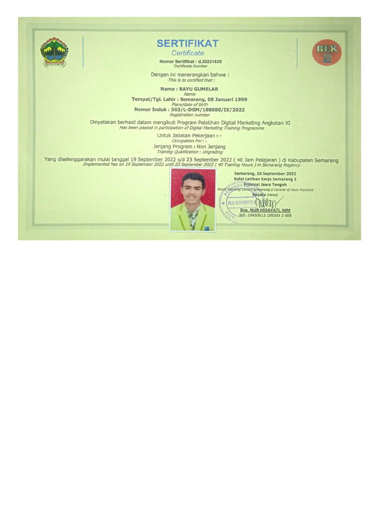 Scan Sertifikat BLK 2 Bayu Gumelar | PDF