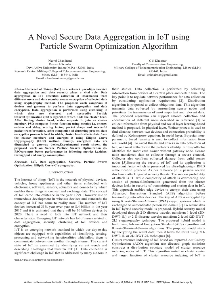 A Novel Secure Data Aggregation In Iot Using Particle Swarm Optimization Algorithm Pdf