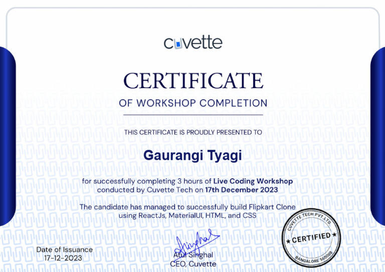Flipkart Clone Certificate Cuvette Pdf