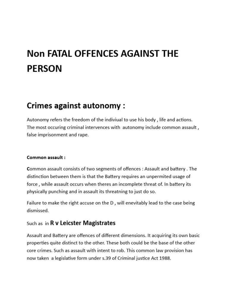 Non FATAL OFFENCES AGAINST THE PERSON (CRIMINAL LAW) | PDF | Assault ...