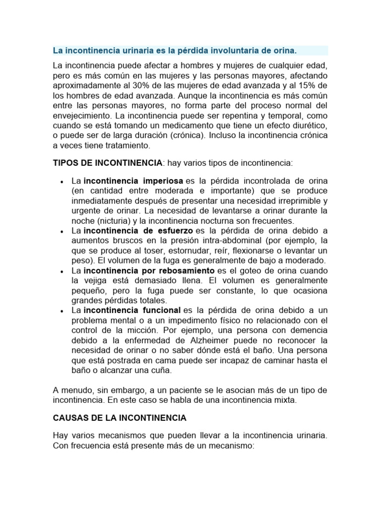 La Incontinencia Urinaria Exposocion | PDF | Micción | Medicina CLINICA