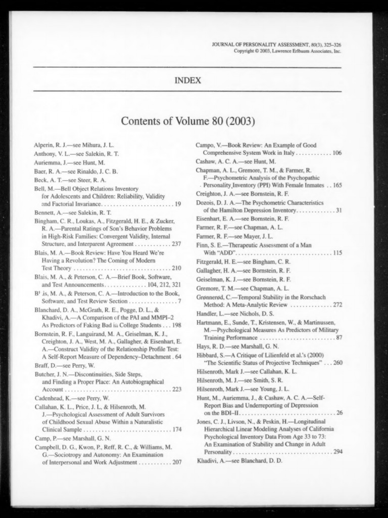 Journal of Personality Assessment 2003 - Vol 80 Index & Table of ...