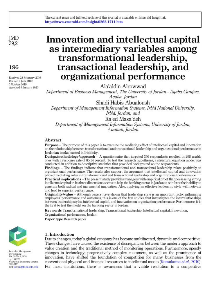 Alrowwad, Abualoush, Masa'Deh - 2020 - Innovation and Intellectual Capital As Intermediary ...