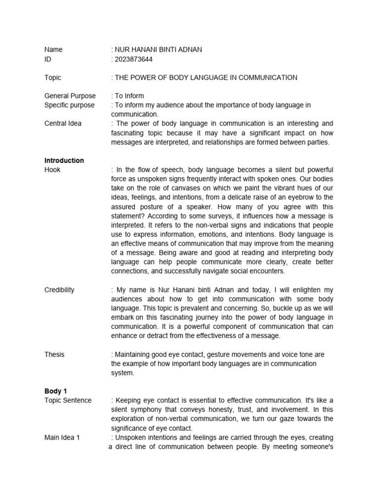 Outline Informative Speech | PDF | Communication | Body Language