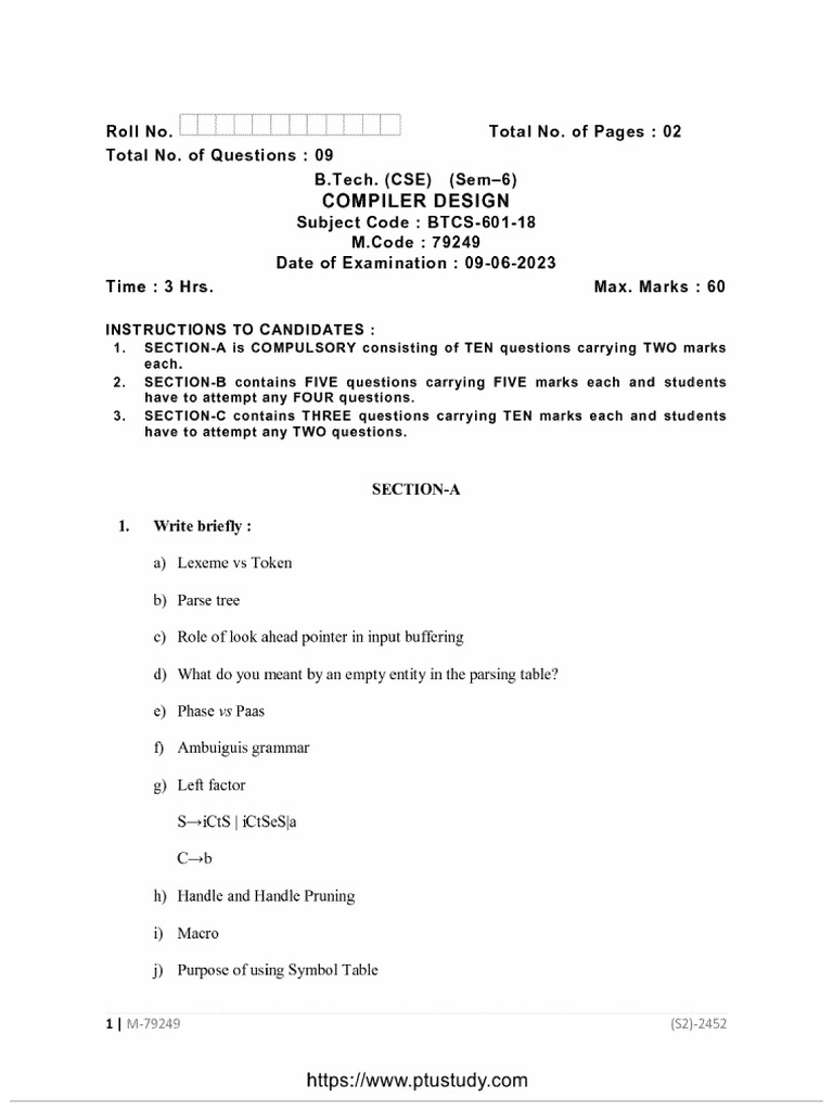 Btech Cse 6 Sem Compiler Design 79249 Jun 2023 | PDF