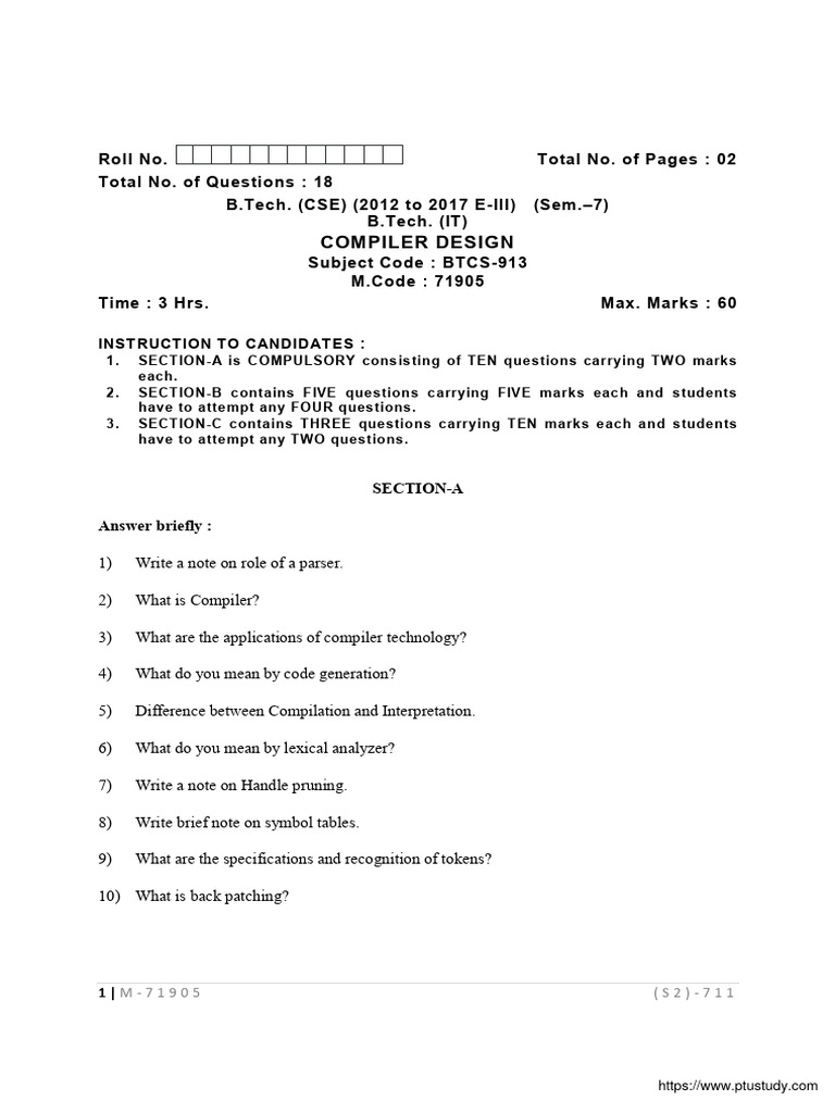 Btech Cse It 7 Sem Compiler Design 71905 Jan 2021 Pdf Parsing Compiler