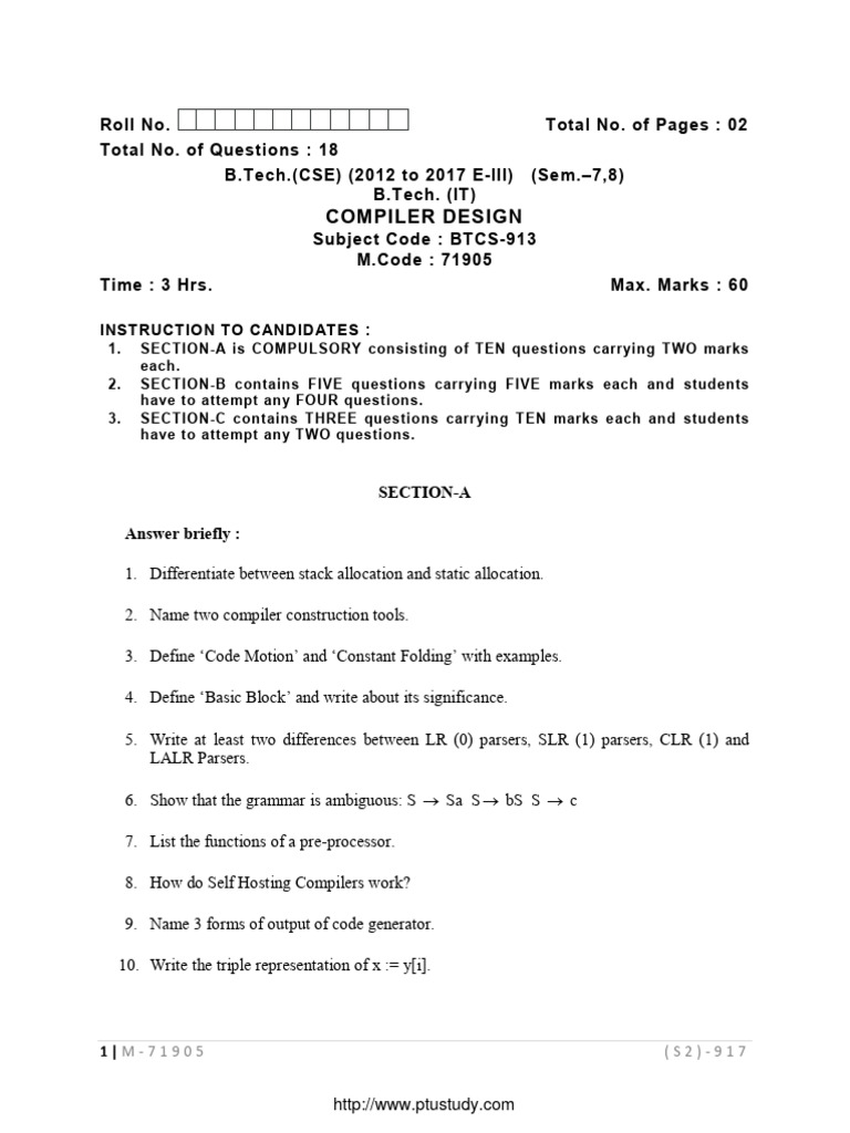 Btech Cse 7 8 Sem Compiler Design 71905 Nov 2019 | PDF | Parsing ... Btech Cse 7 8 Sem Compiler Design 71905 Nov 2019 | PDF | Parsing ...