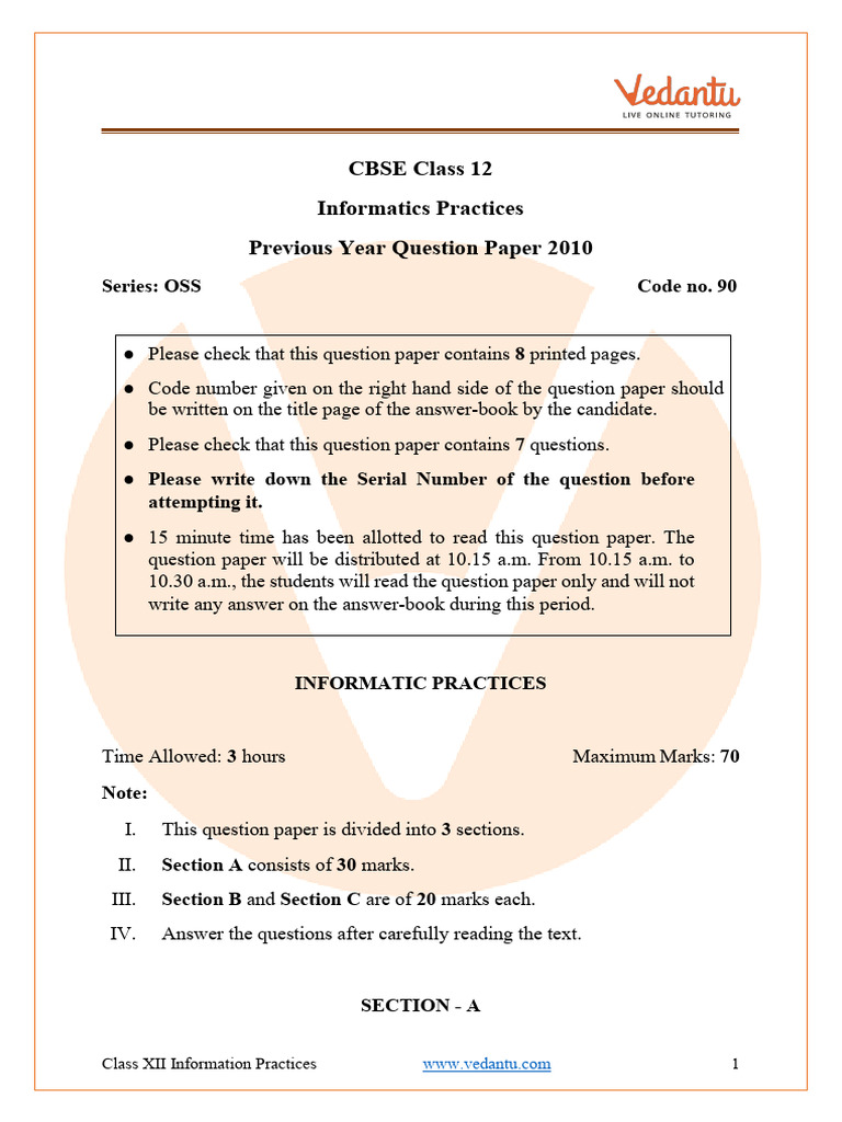 CBSE Class 12 Informatics Practices Question Paper 2010 With Solutions ...