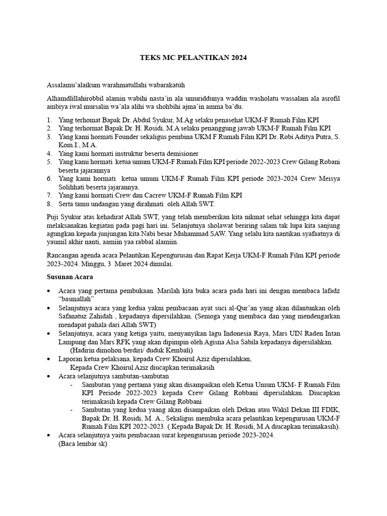 Contoh TEKS MC PELANTIKAN | PDF