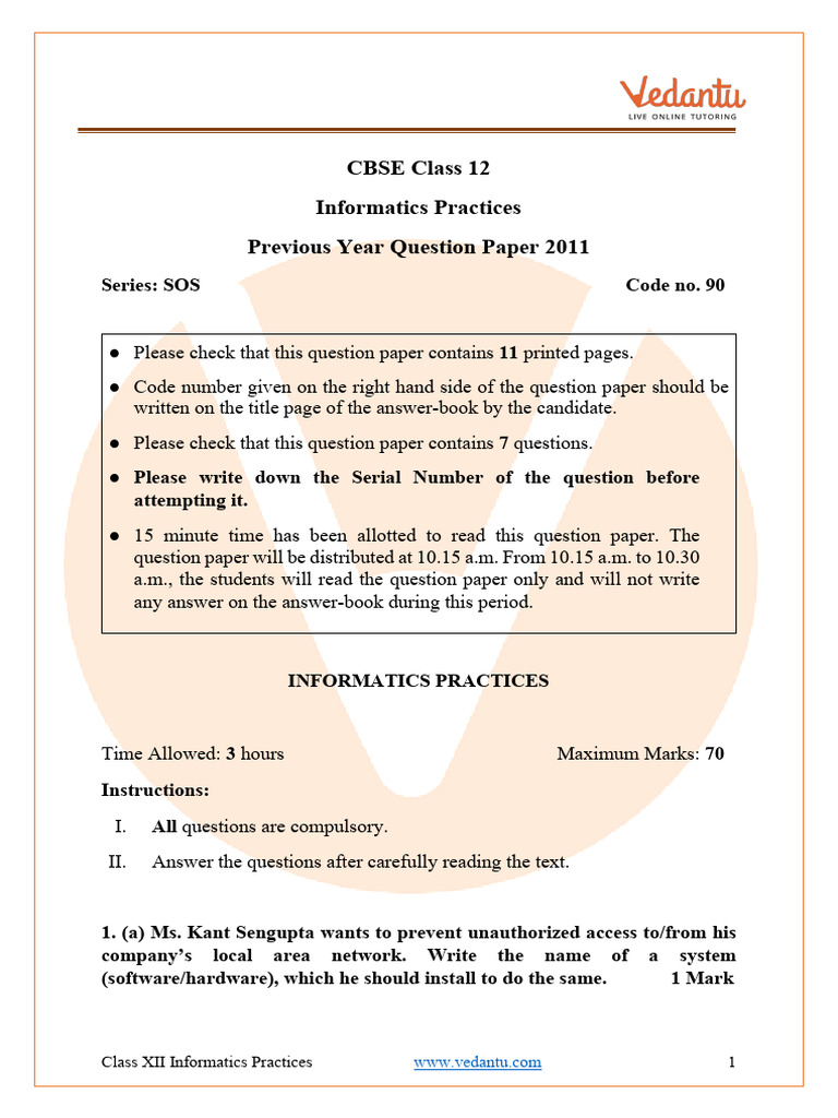 CBSE Class 12 Informatics Practices Question Paper 2011 With Solutions | PDF | Html Element ...