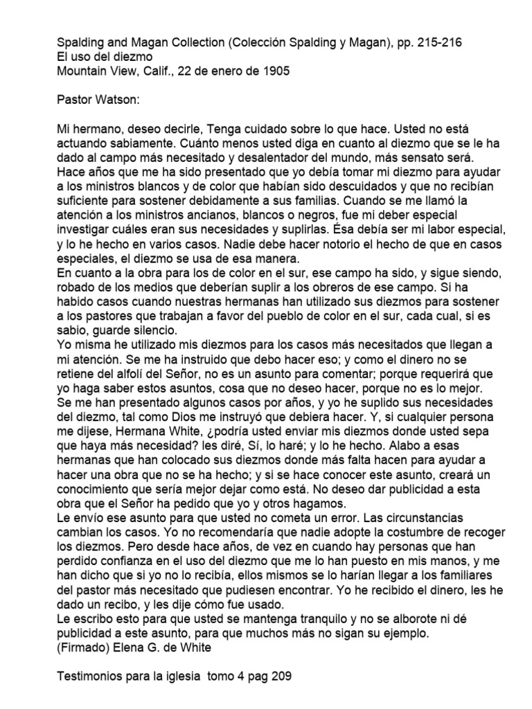 ES 22 01 1905 ELENA WHITE El Uso Del Diezmo Carta Pstos Watson Spal ...