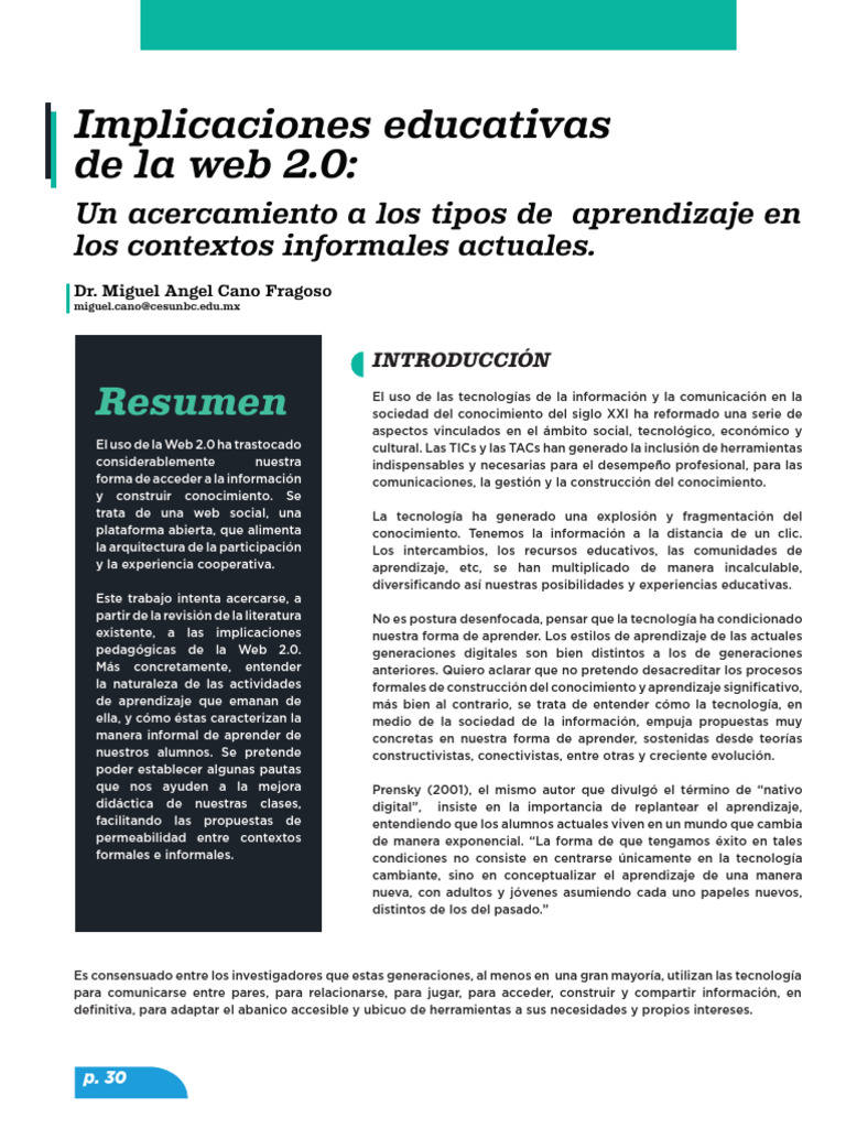 Implicaciones Educativas de La Web 2.0: Un Acercamiento A Los Tipos de Aprendizaje en Los ...