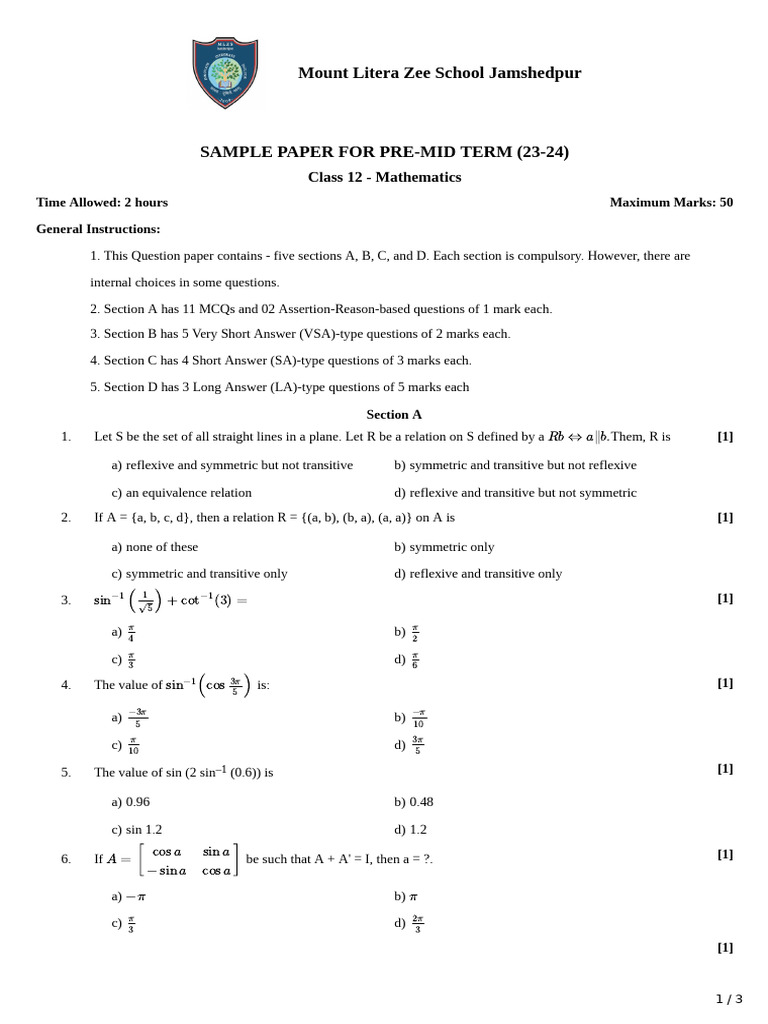 Sample Question Paper Class XII (MATHS) | PDF | Linear Algebra ...