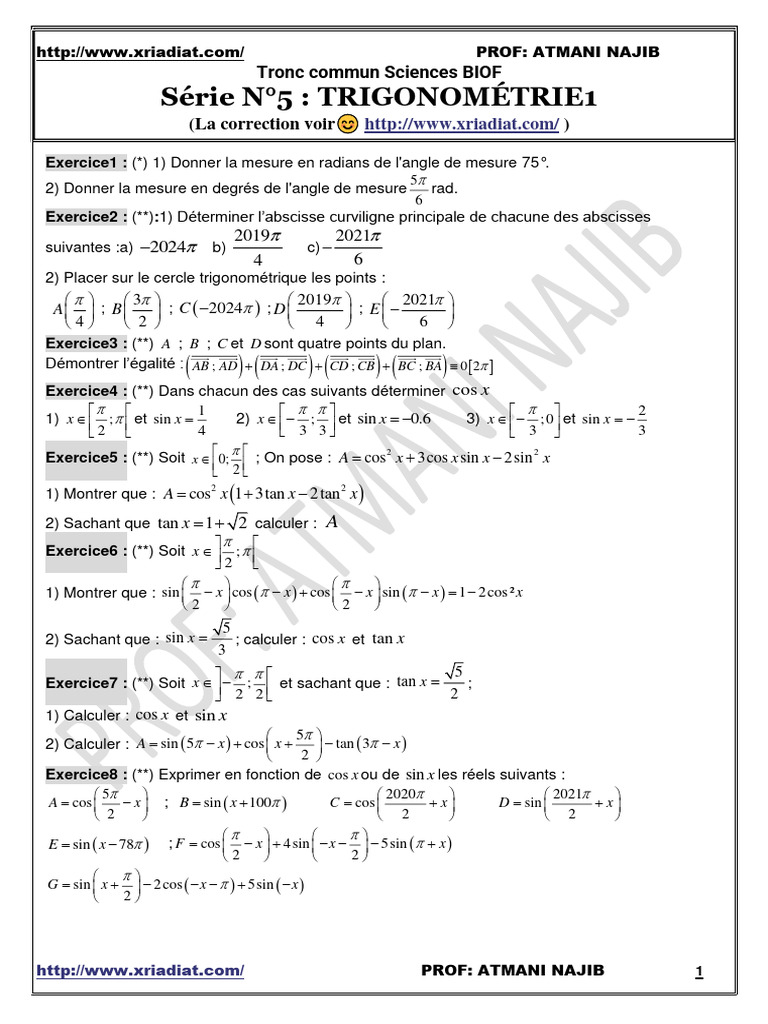 Exercices de Trigonométrie et Mathématiques | PDF | Angle | Géométrie