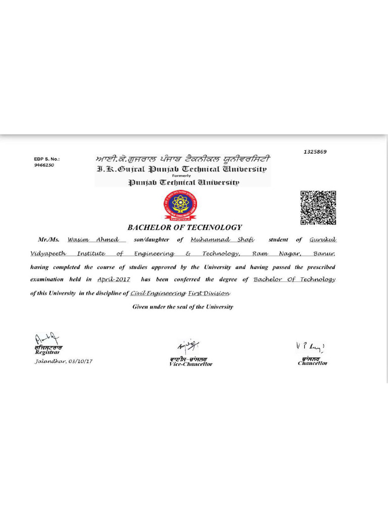 Wasim Kalas B.tech Degree IKG PTU Jalandhar | PDF