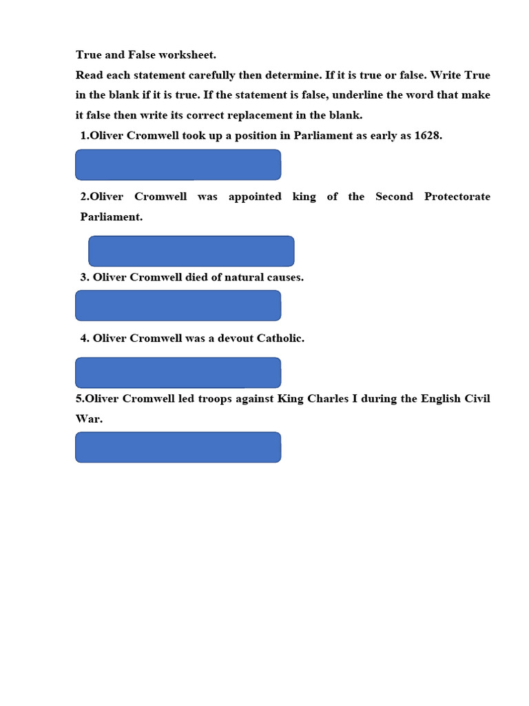 Oliver Cromwell True or False Worksheet | PDF