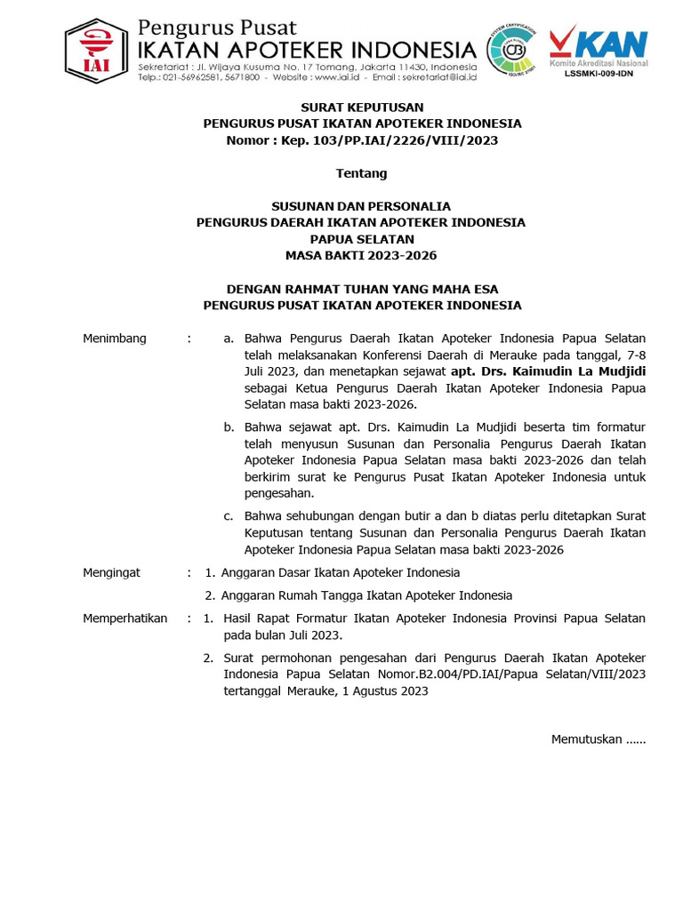 SK-103 TTG SK PD IAI Papua Selatan 2022-2026-Agustus 2023-1 | PDF | Kesehatan Holistik | Sains ...