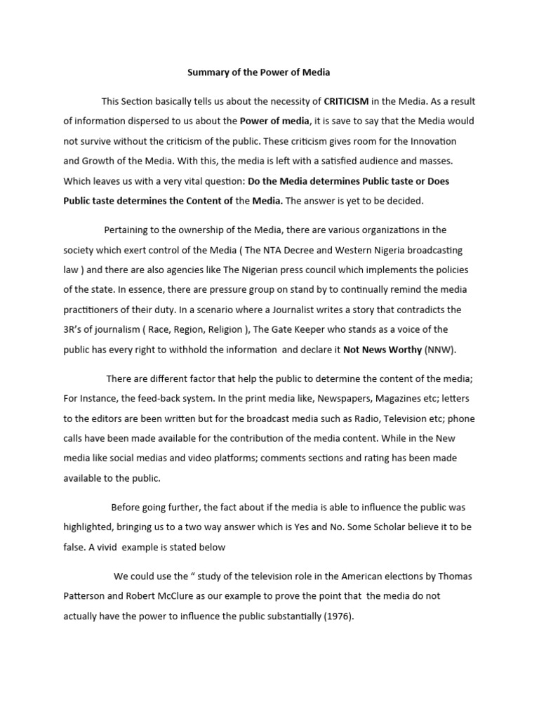 Summary of The Power of Media | PDF | Mass Media | Entertainment