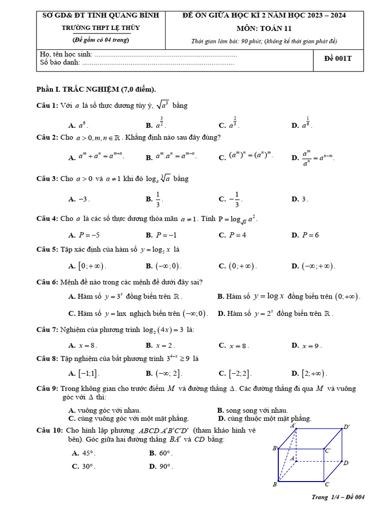De On Tap gk2 Toan 11 Nam 2023 2024 Truong THPT Le Thuy Quang Binh | PDF