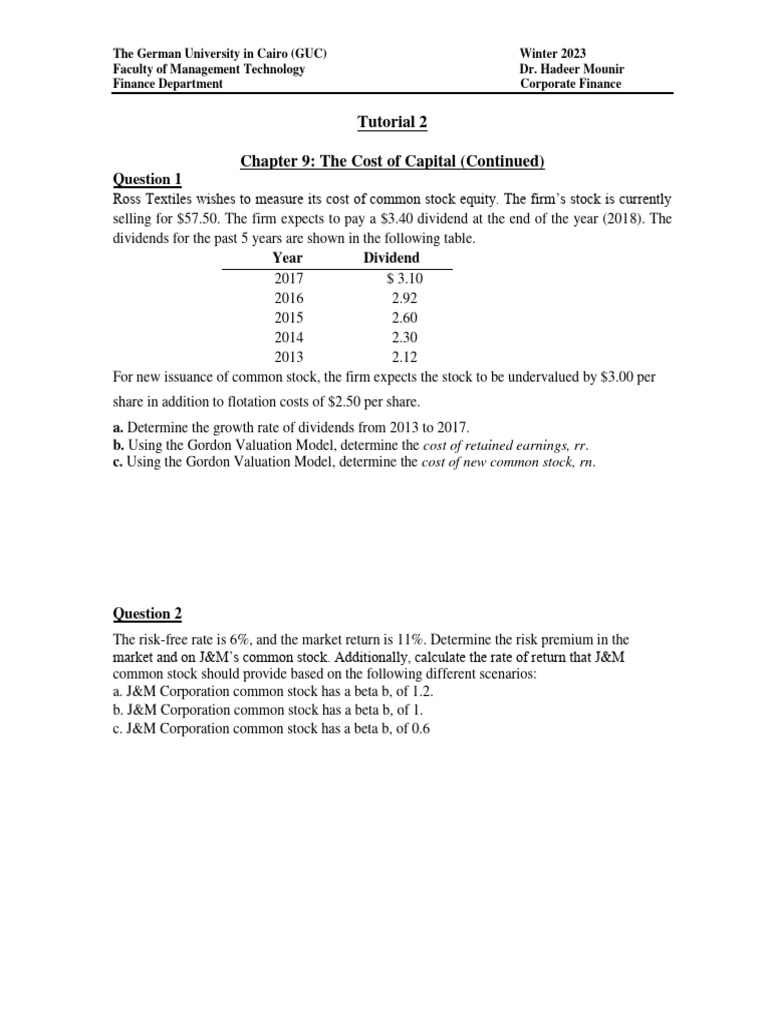 Managerial Finance Tutorial 2 Sheet | PDF | Cost Of Capital | Preferred ...