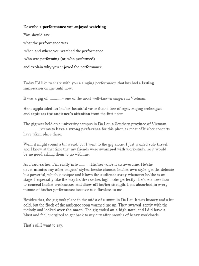 Describe A Performance You Enjoyed Watching | PDF | Language Arts ...
