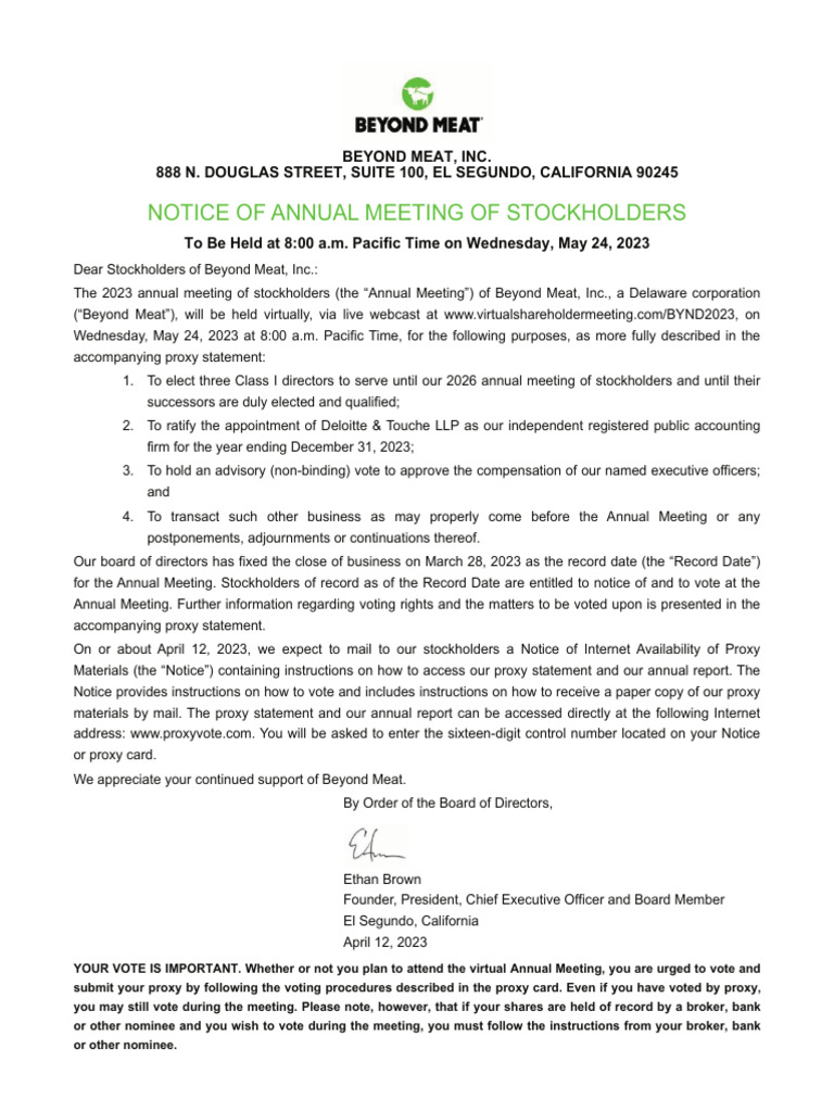 Beyond Meat 2023 Annual Meeting Notice | PDF | Proxy Voting | Board Of ...