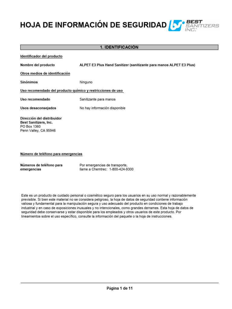 Hoja de Seguridad: Alpet E3 Plus | PDF | Etanol | Agua