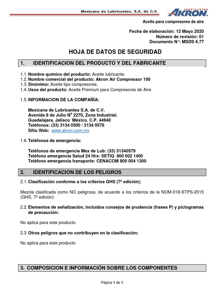 6.77 MSDS Akron Air Compressor 100 RevisioI N 01-2 | PDF | Agua | Incendios