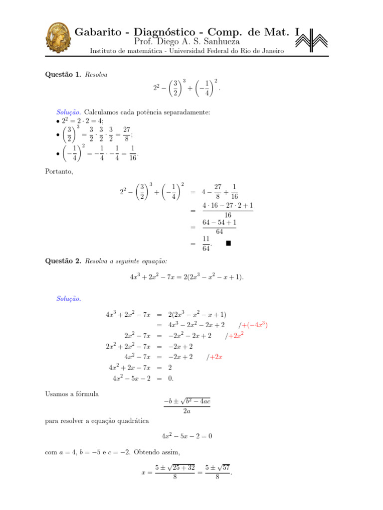 Gabarito - Diagnostico Complemento de Matematica I | PDF | Matemática | Objetos matemáticos