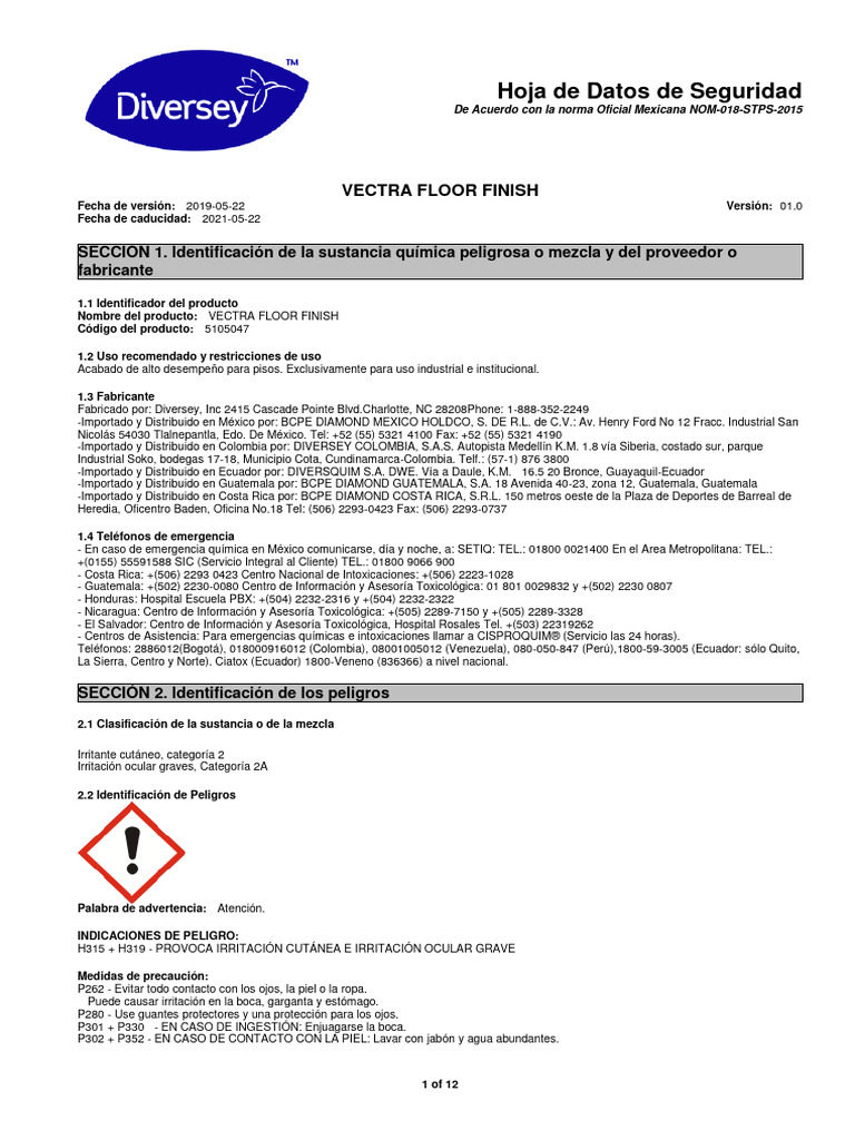 Hoja de Datos de Seguridad: Vectra Floor Finish | PDF | Agua | Guante
