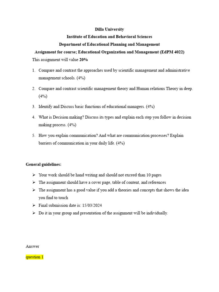 Assignment and Ansuwer EDPM 4022 | PDF | Communication | Decision Making