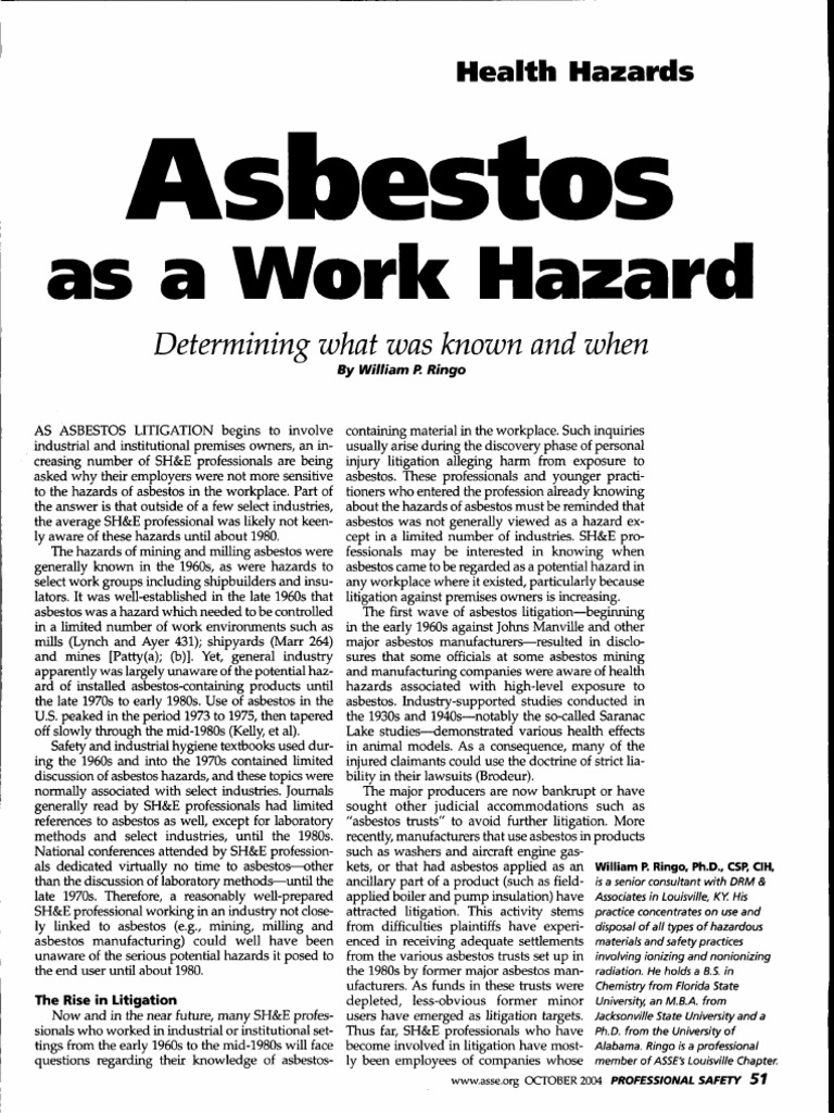 Asbestos As A Work Hazard Article | PDF | Asbestos | Occupational Hygiene