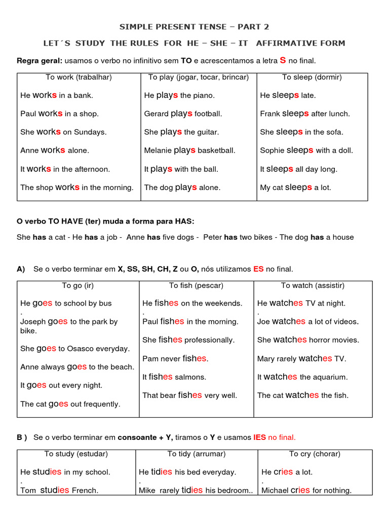 SIMPLE PRESENT TENSE part 2 he she it | PDF