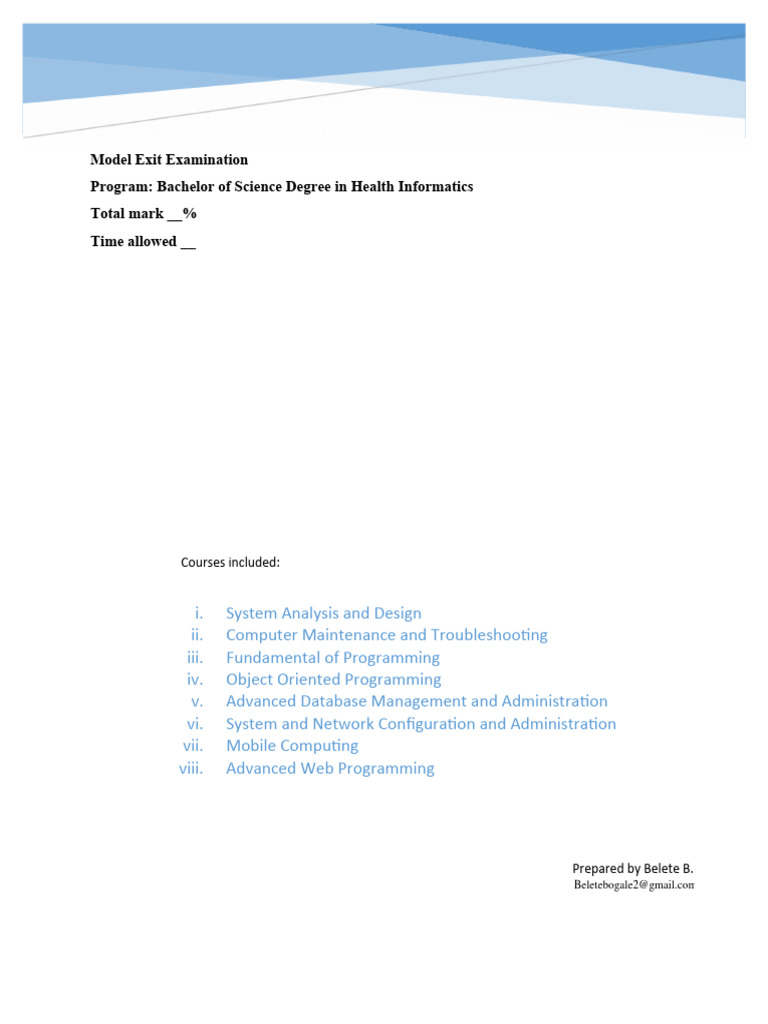 HARAR HEALTH SCIENCE COLLEGE Exit Exam | PDF | Computer Network | Database Transaction