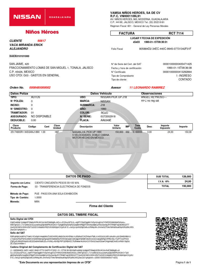 Factura Nissan J18 1990, Guadalajara | PDF | Dinero