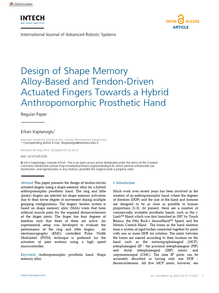 Design of Shape Memory Alloy-Based and Tendon-Driv | PDF | Prosthesis | Shape Memory Alloy