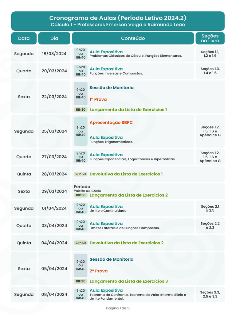 Cronograma de Cálculo 1 - 2024-2 | PDF | Cálculo | Integrante
