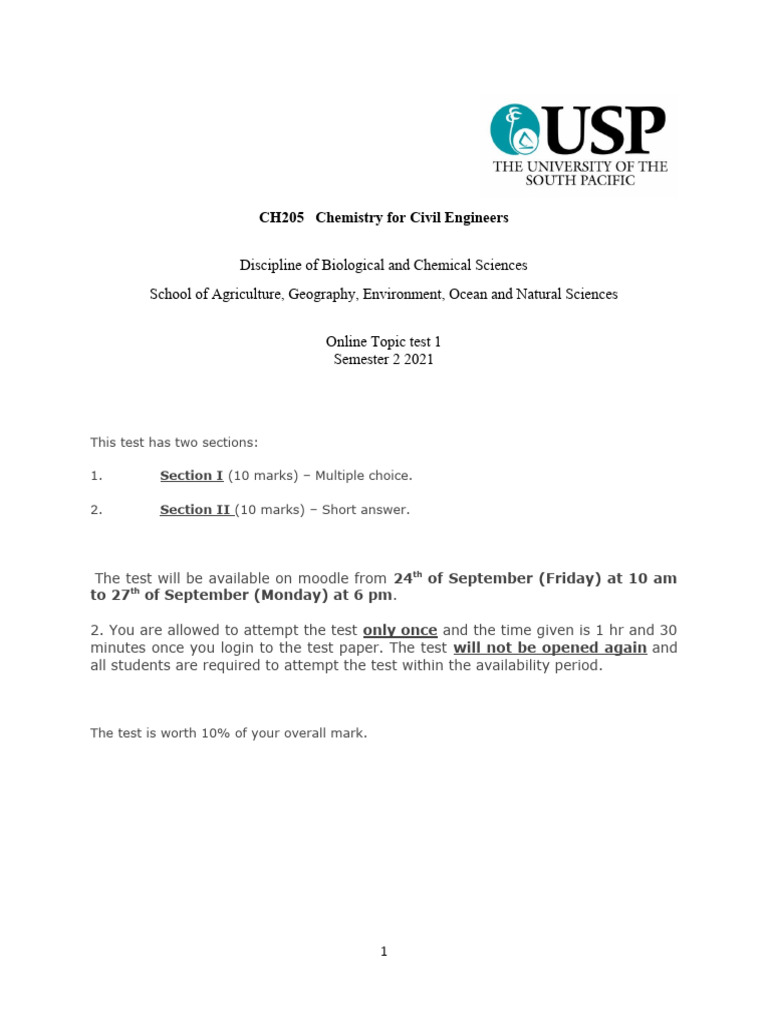 CH205 Test 1 2021 (1) | PDF | Atoms | Electron