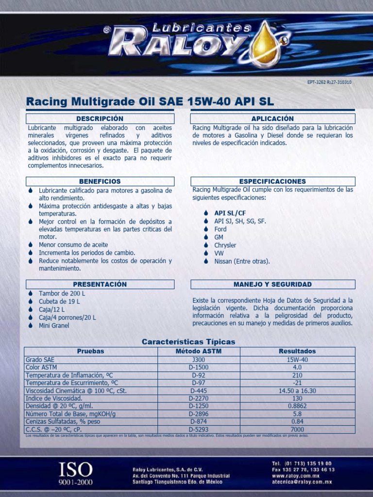 Aceite Multigrado Racing 15W-40 API SL | PDF | Lubricante