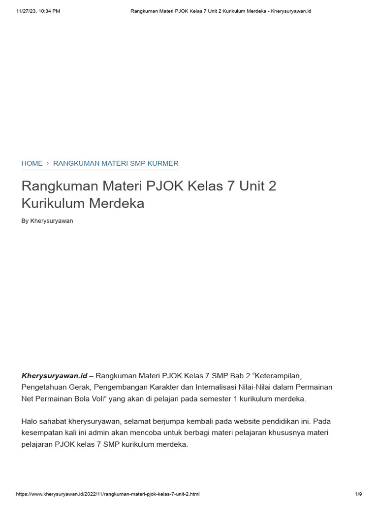Rangkuman PJOK Kelas 7 Semester 2 | PDF