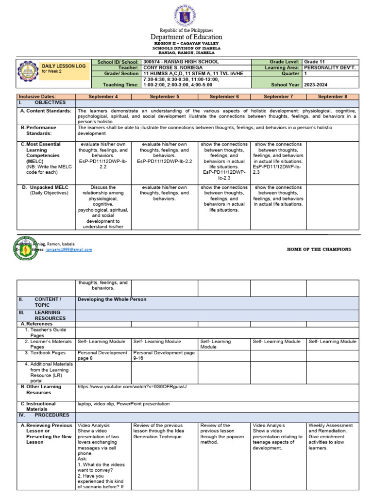 DLL Perdev Q1 W2 | PDF | Learning | Thought