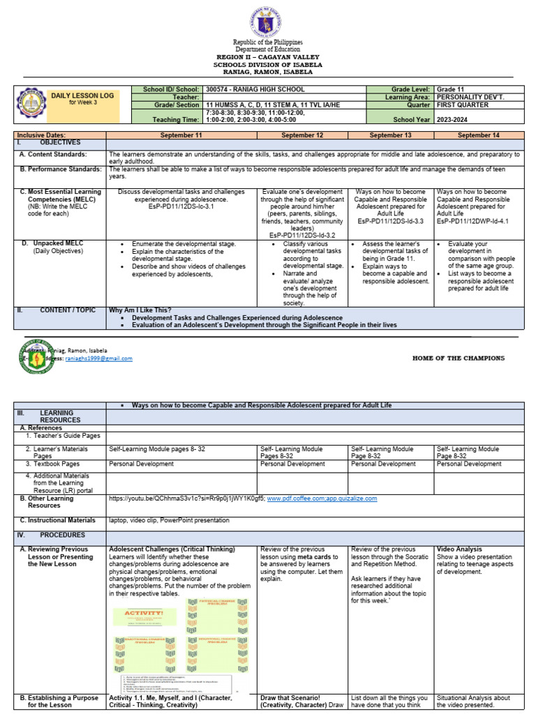 DLL Perdev Q1 W3 | PDF | Adolescence | Learning