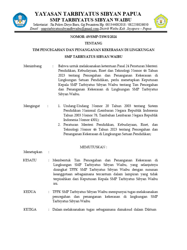 Lampiran 2 - Contoh SK Kepala Satuan Pendidikan Pembentukan TPPK - Prin ...