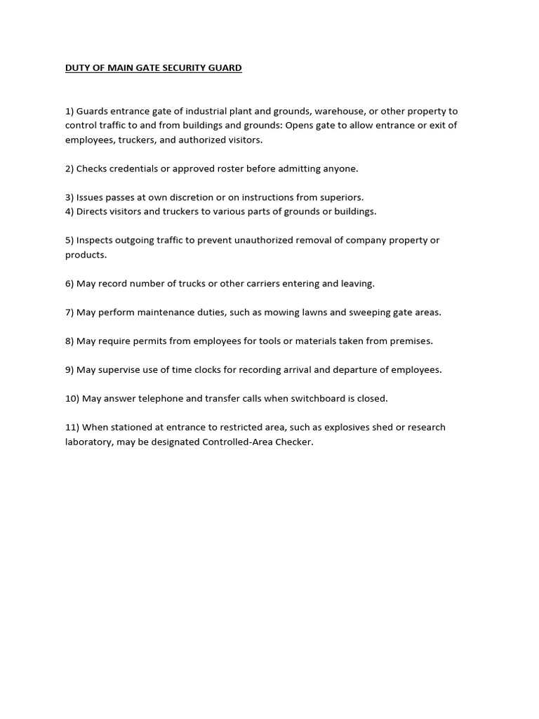 Duty of Main Gate Security Guard | PDF