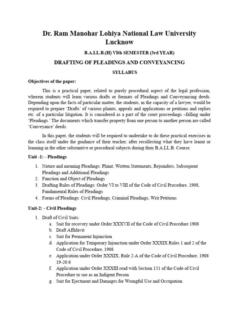 Drafting of Pleadings and Conveyancing - Syllabus | PDF | Pleading | Deed