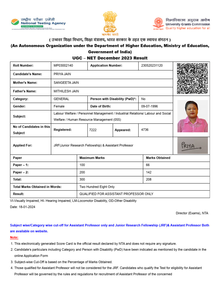 (UGC) - NET Dec 2023 Scorecard | PDF