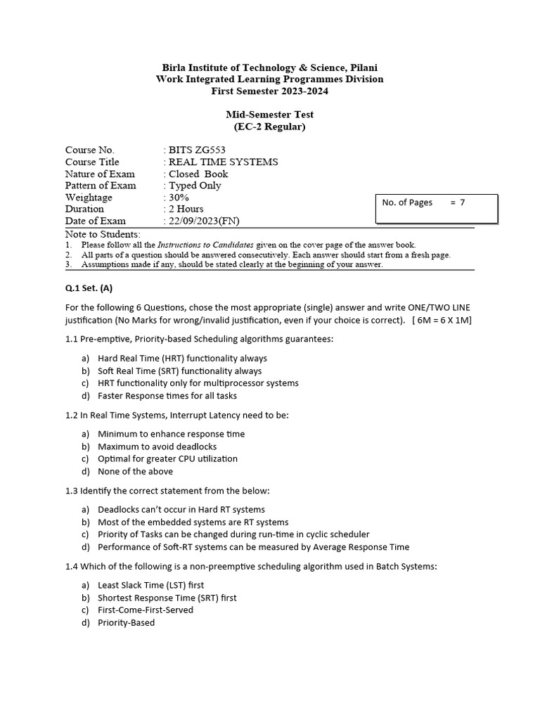 Bits ZG553 Ec-2r First Sem 2023-2024 | PDF | Scheduling (Computing) | Real Time Computing