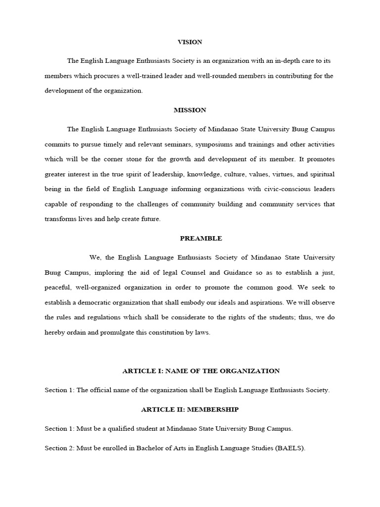 English Language Enthusiasts Society Constitution and Bylaws | PDF | Vice President Of The ...